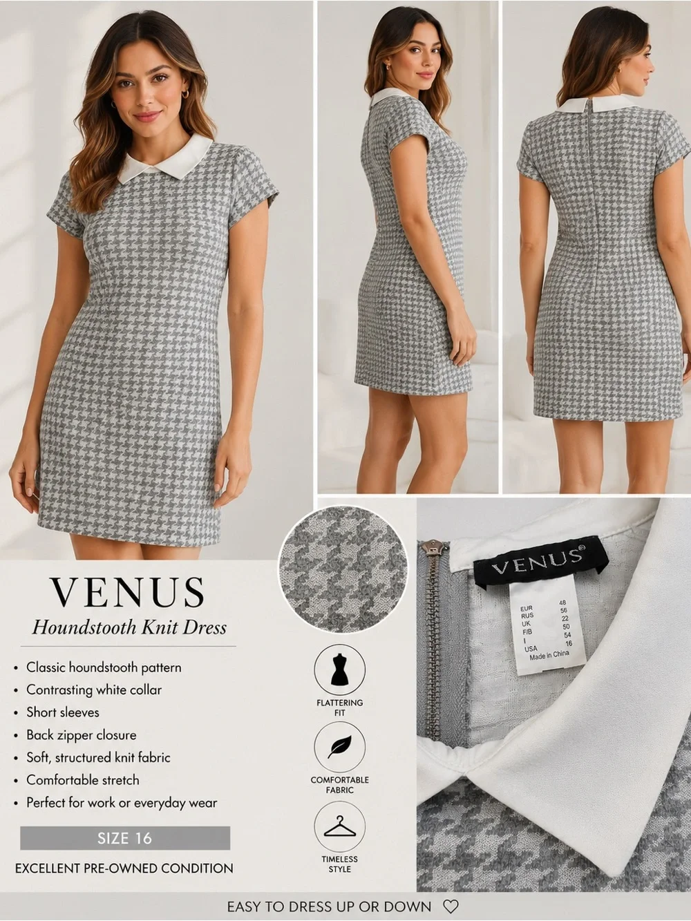 VENUS | Dresses | Venus Gray Houndstooth Mini Dress With White Collar ...